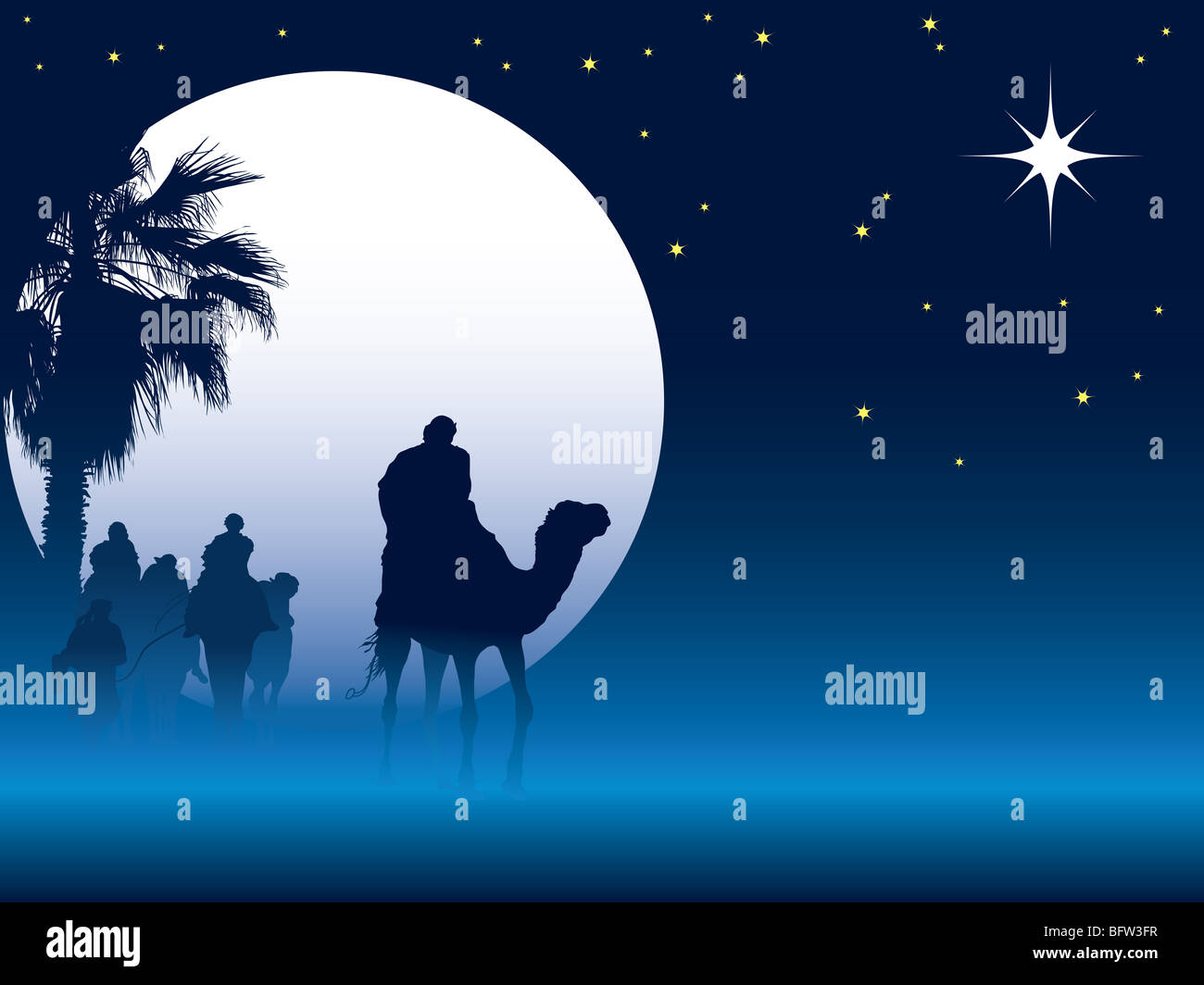Nativity scene with wise men on camels going through the desert Stock ...