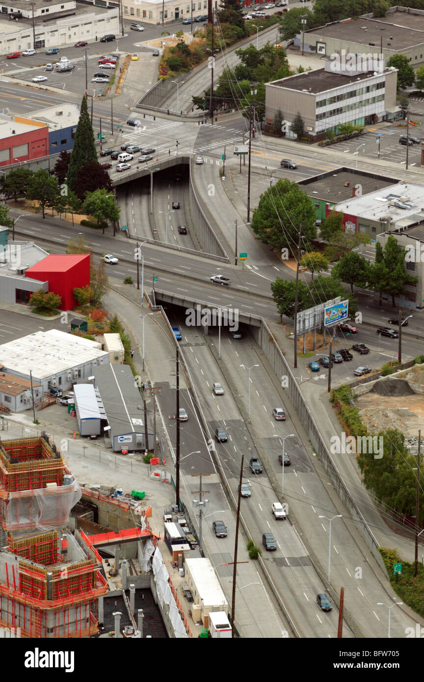 Aerial view of a Seattle freeway intersection, shot from the open-air ...