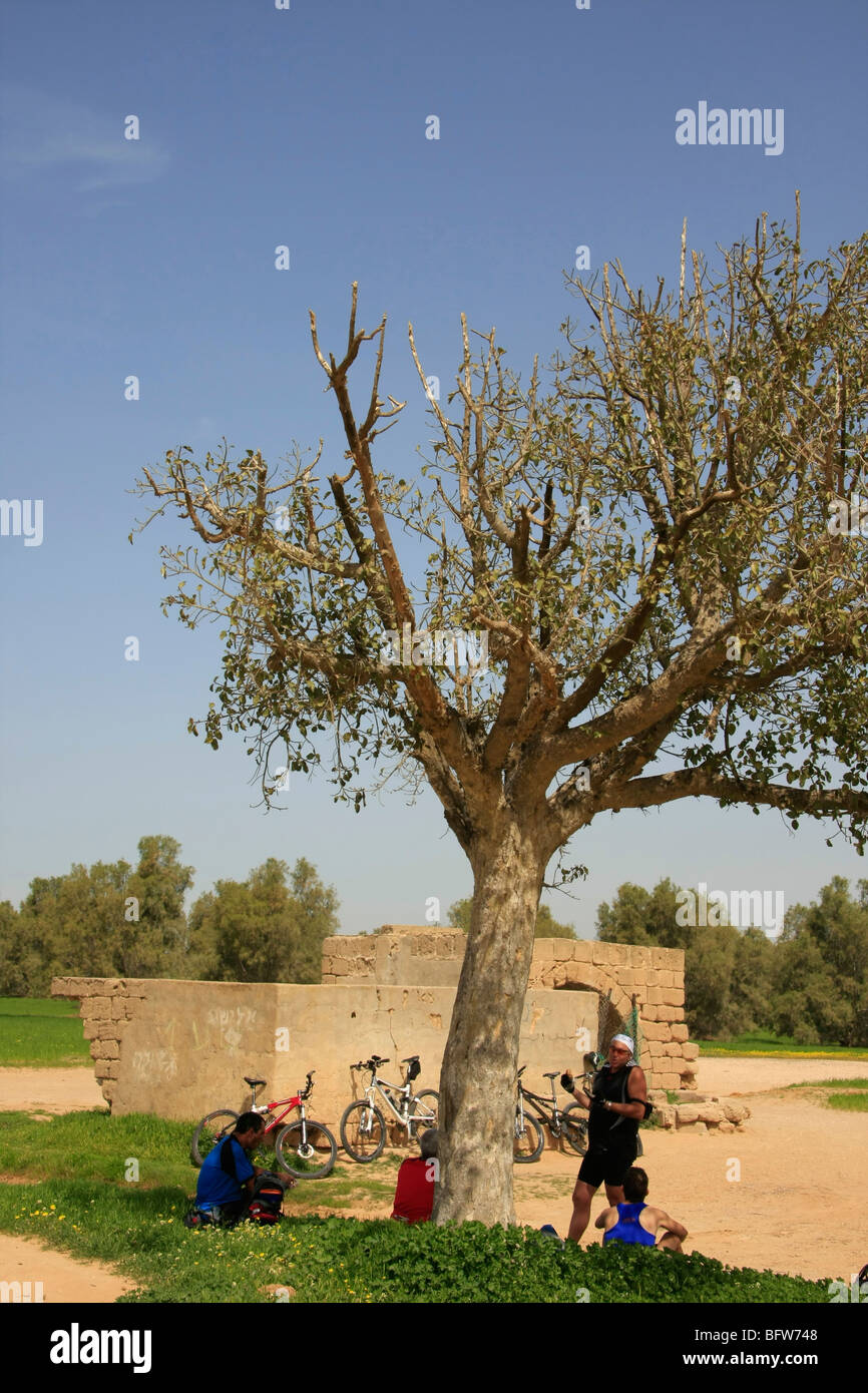 Israel, the northern Negev. Cyclists at Rebuva well by Besor scenic ...