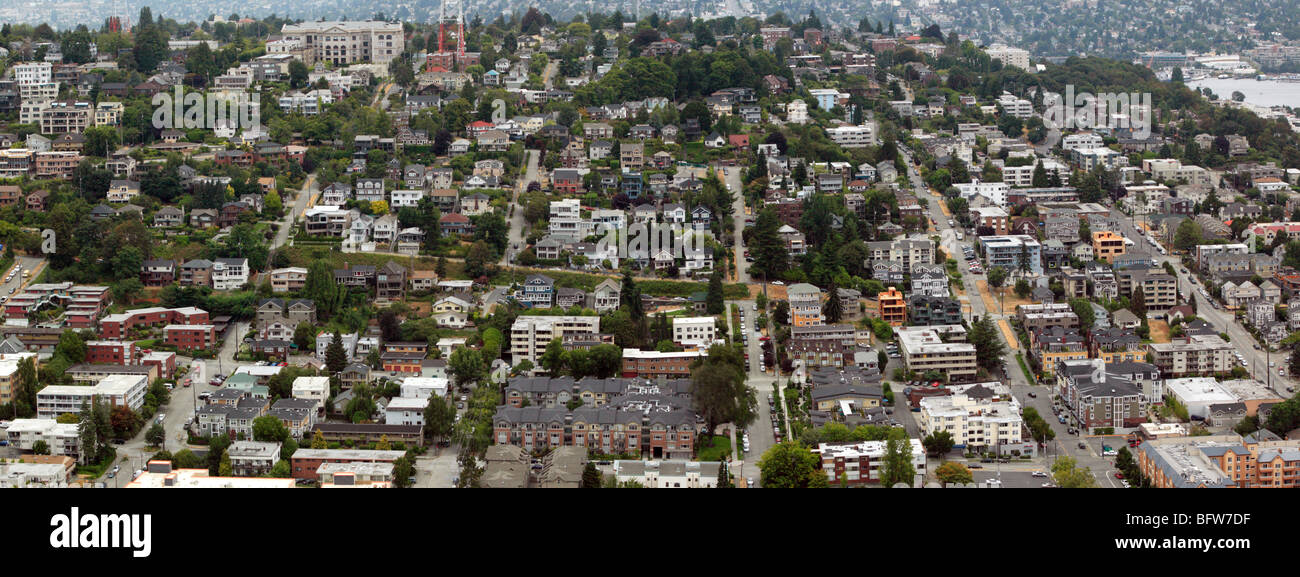 Panoramic aerial view of a residential area of Seattle, shot from the ...