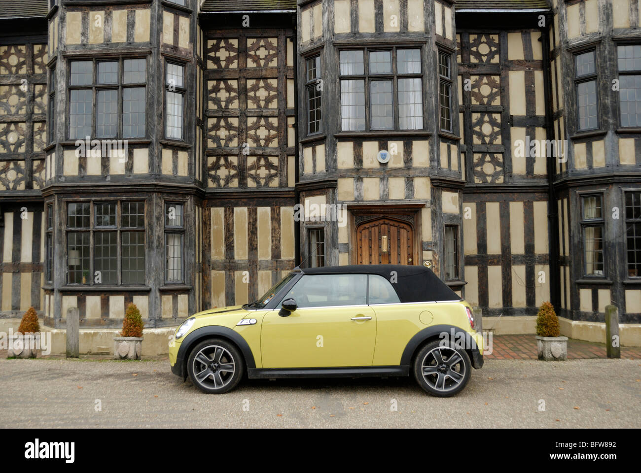 Yellow 'Mini' car outside the Shropshire Regimental Museum, Shrewsbury ...