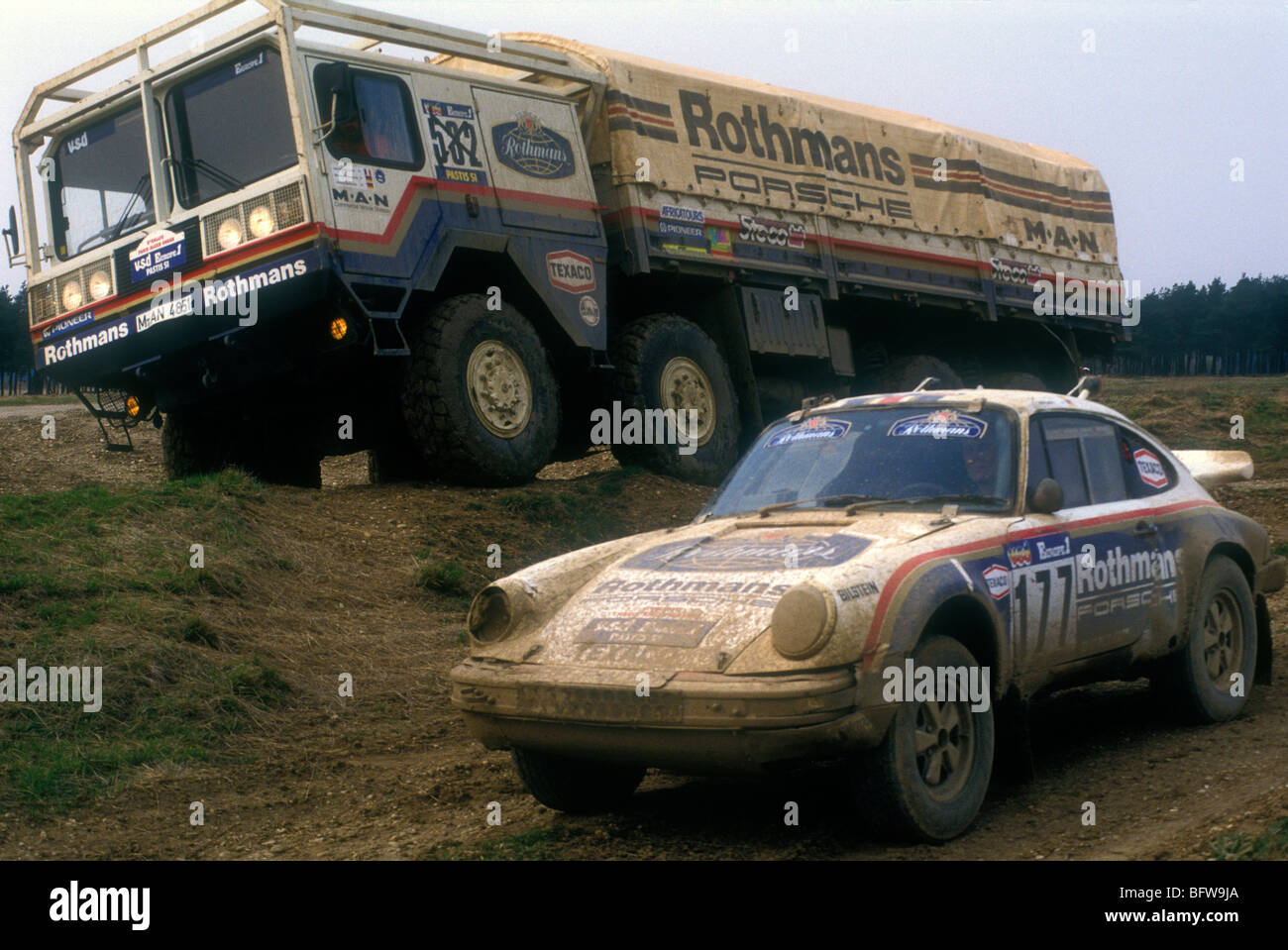 Porsche 959 Paris-Dakka car with M.A.N. support vehicle on test ground ...