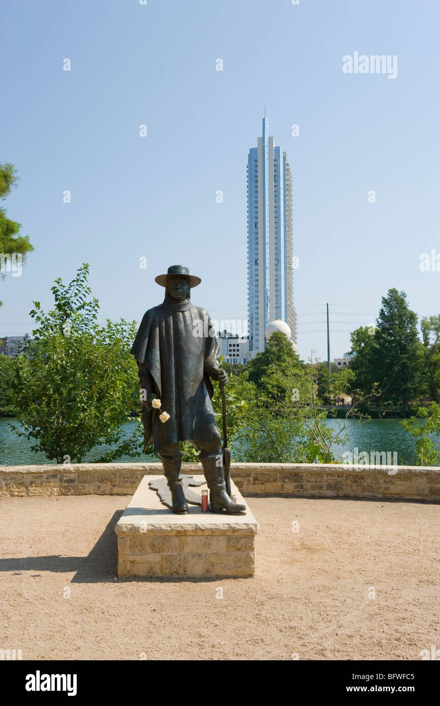 Austin skyline with statue of Stevie Ray Vaughn in the forground. Taken ...