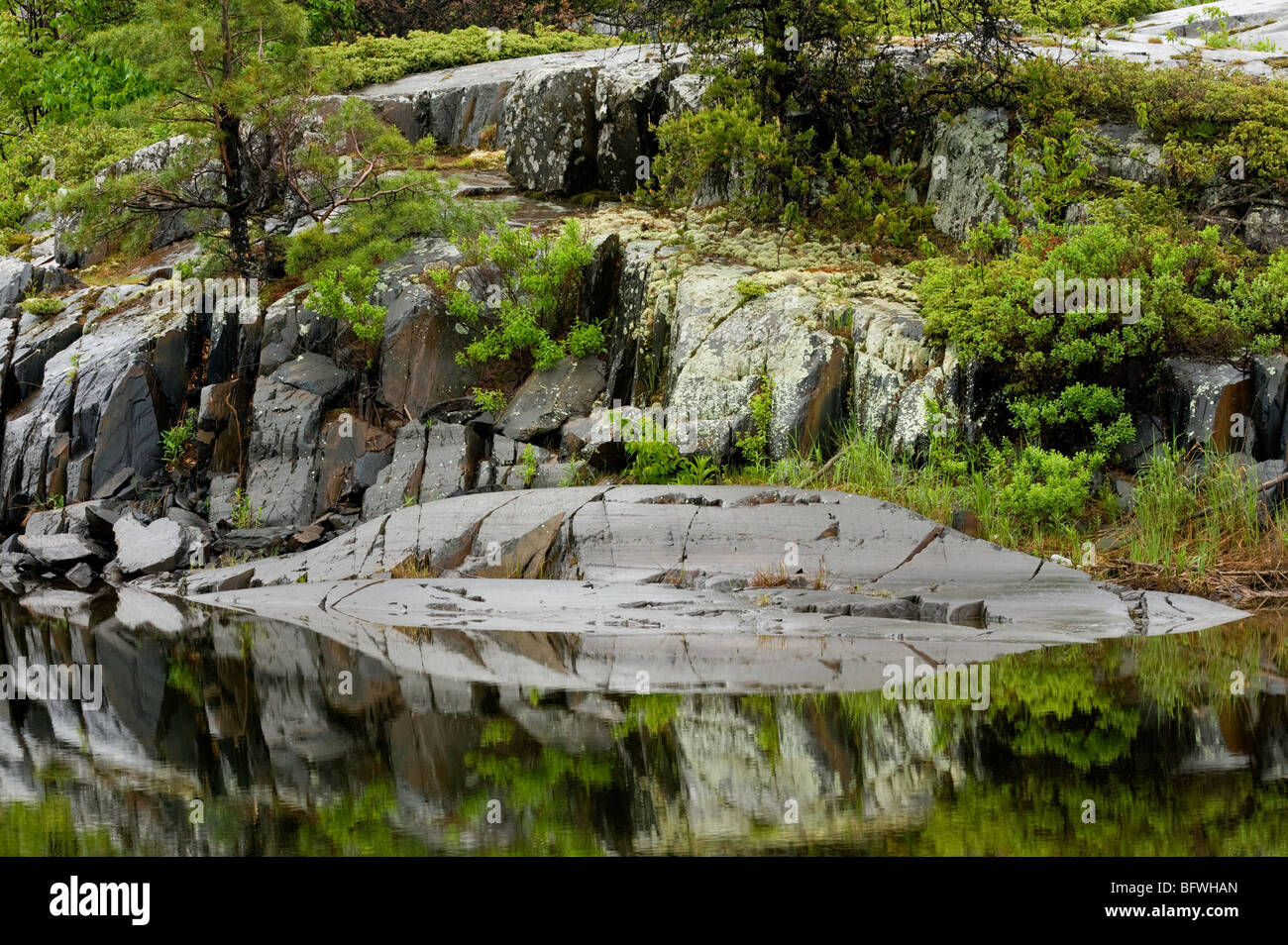 Pre-Cambrian rock outcrops reflected in calm inlet of McGregor Bay ...