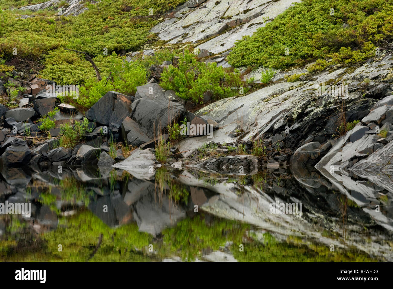 Pre-Cambrian rock outcrops reflected in calm inlet of McGregor Bay ...