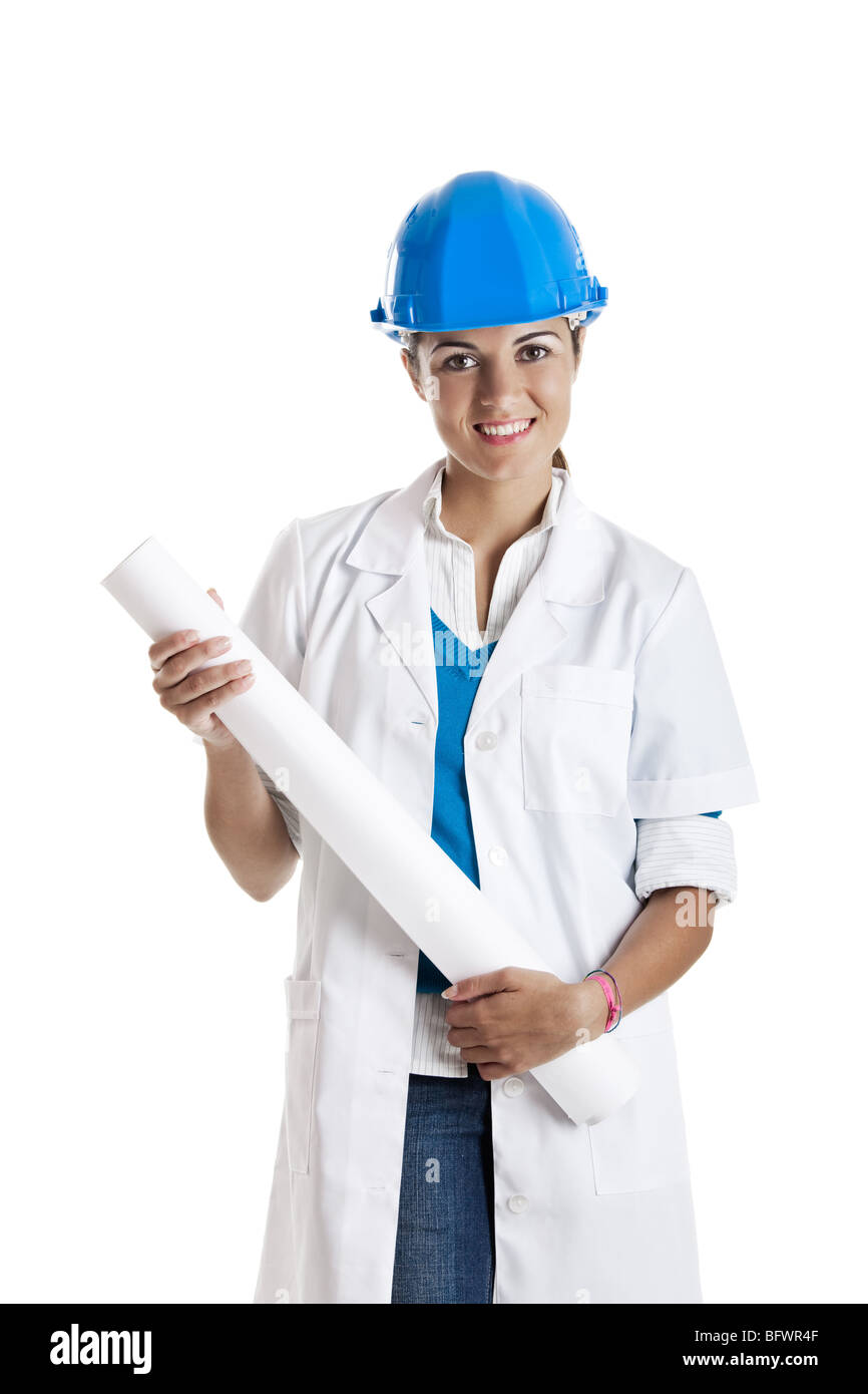 Portrait of a young happy female architect holding a project, isolated ...