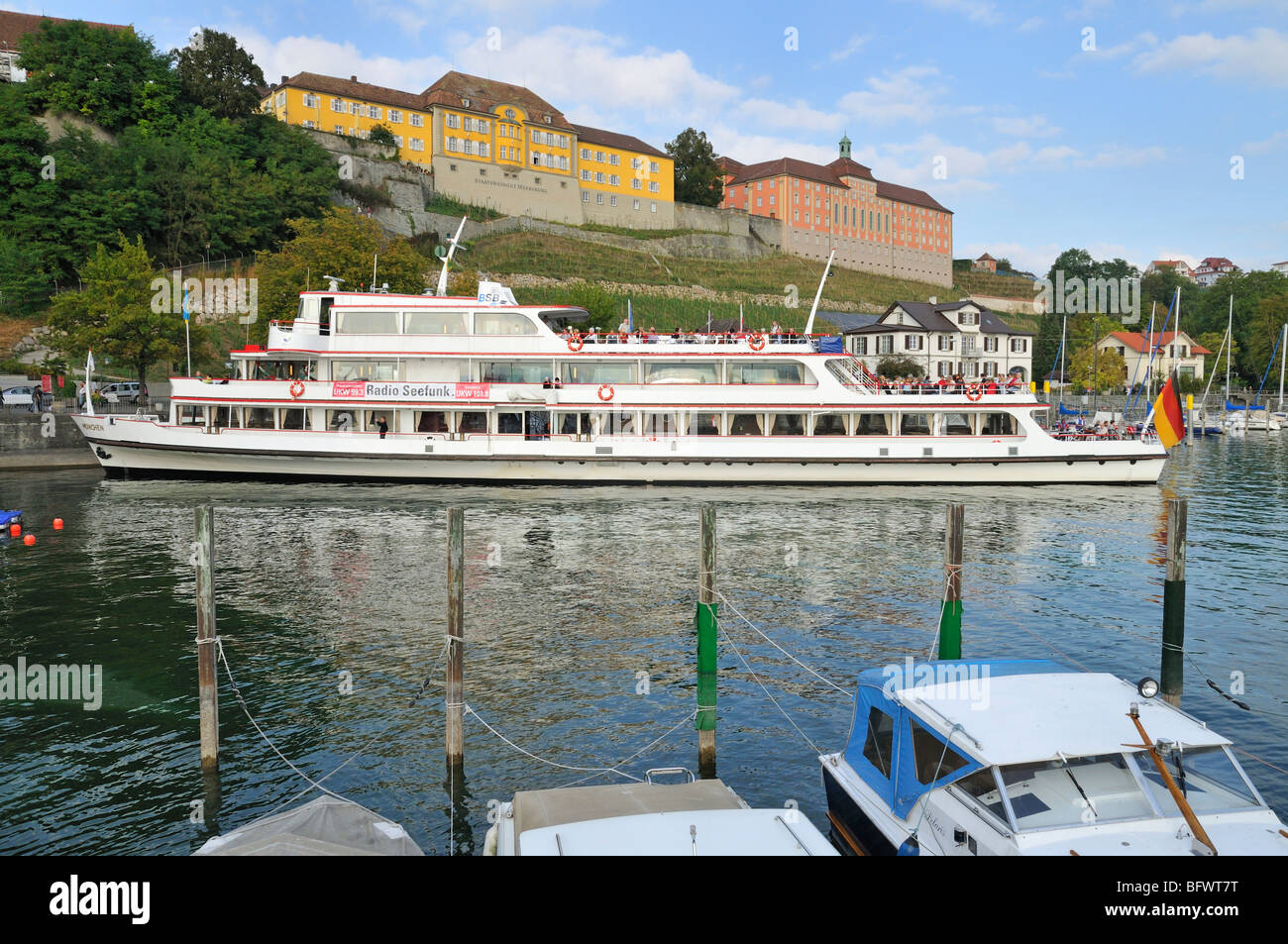 Boats in Meersburg harbour in front of the State Vineyards and Droste ...