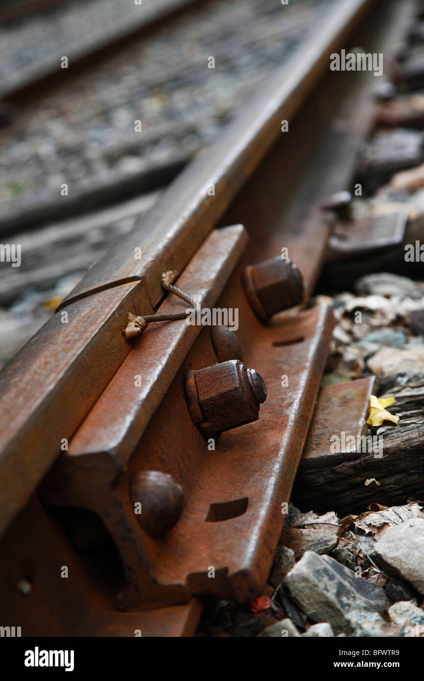 View of low angle rural railroad railway rail in USA nobody from above ...