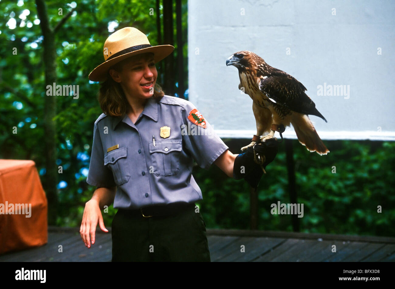A US National Park Service Ranger demonstrates birds of prey with a ...