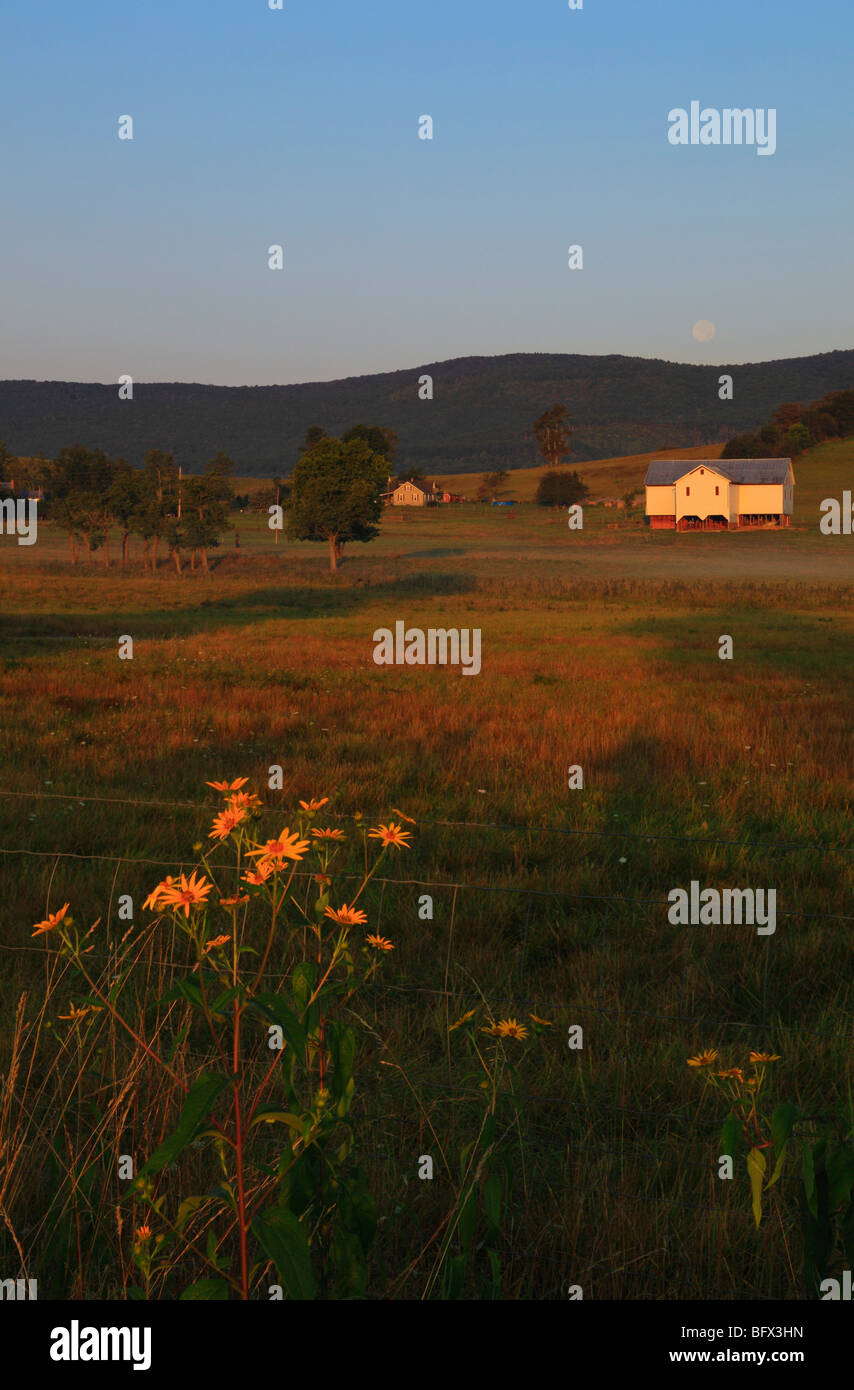 Sunrise and moonset over farm in Swoope, Shenandoah Valley, Virginia ...