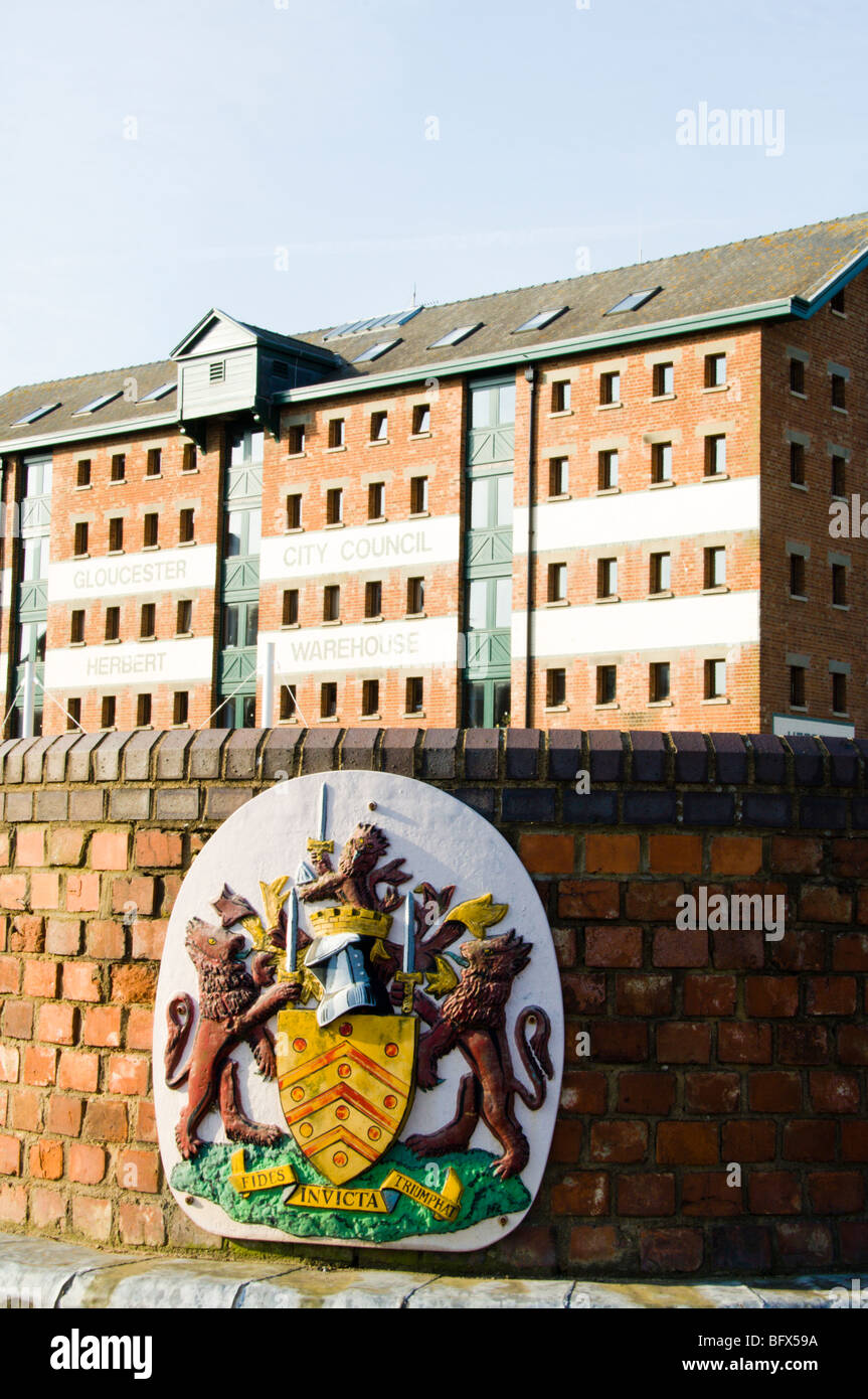 Coat of Arms at the entrance to Gloucester historic dockyard Stock ...