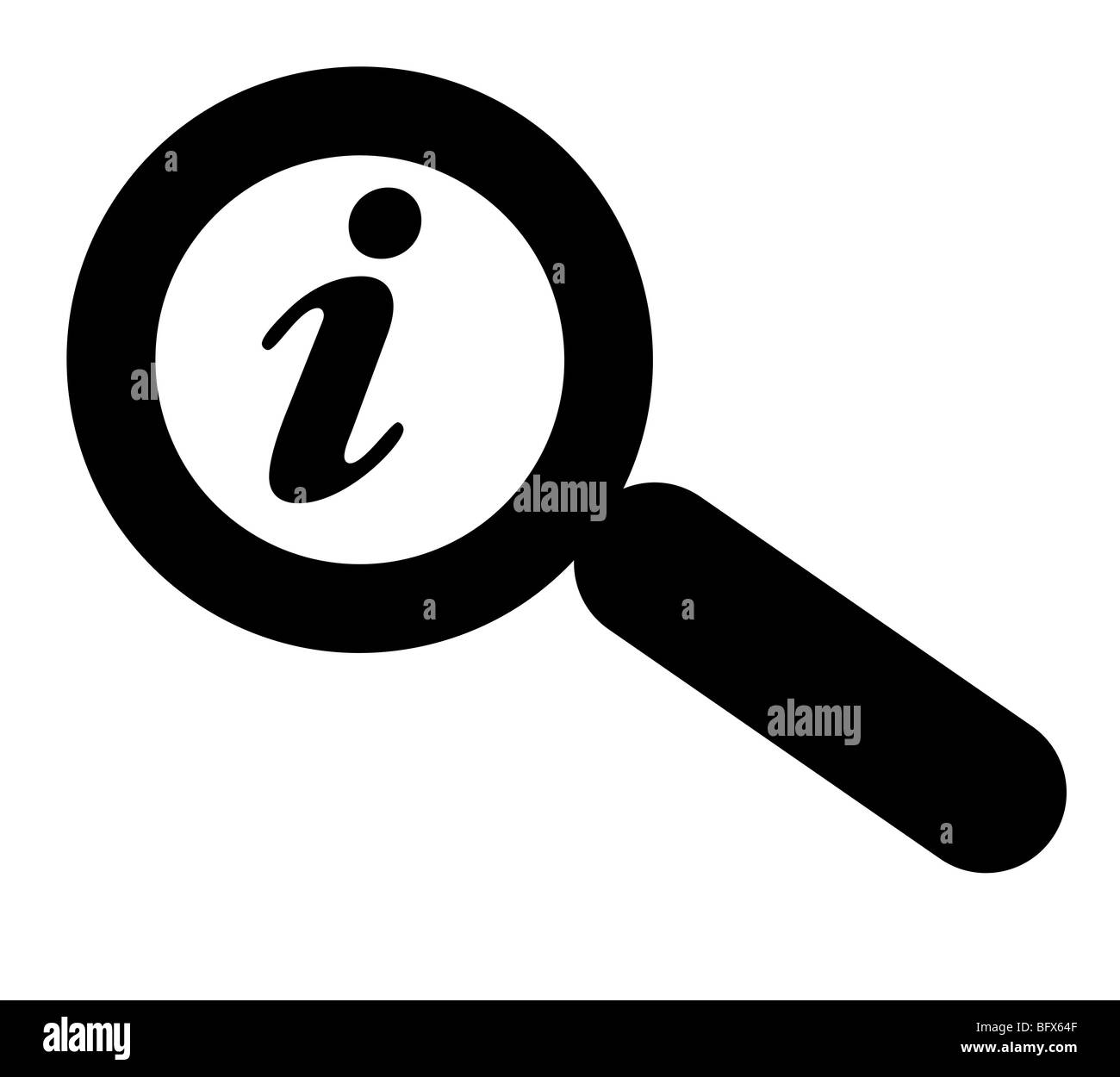 Magnifying glass above information symbol, silhouetted in black on ...