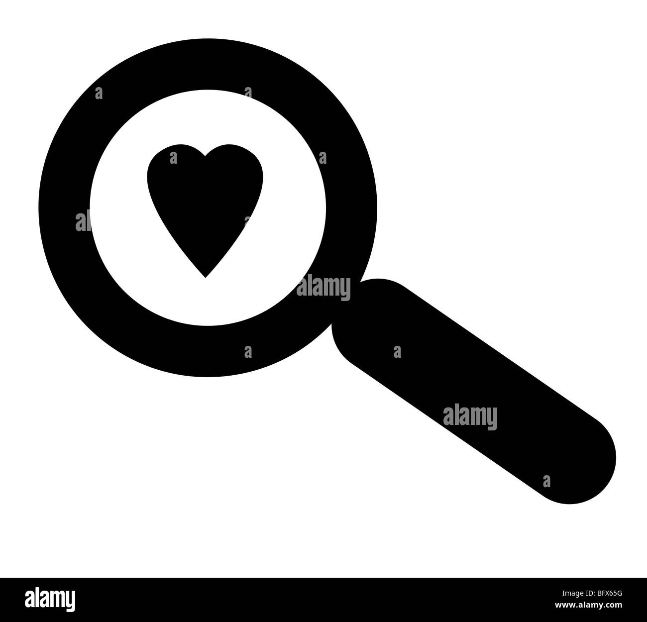 Magnifying glass above love heart, silhouetted in black on white ...