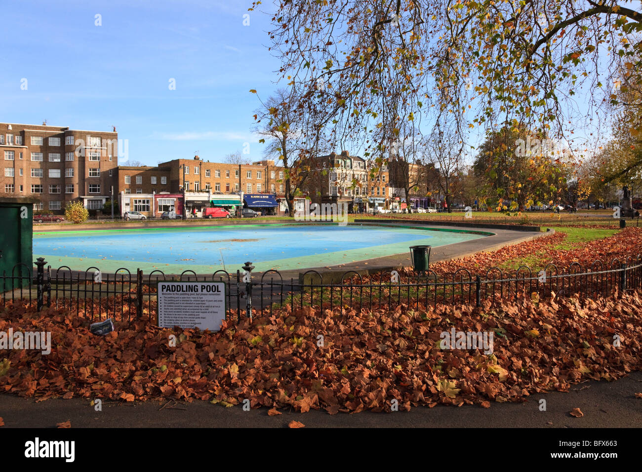 The Cock Pond paddling pool on Clapham Common, Drained for the winter ...