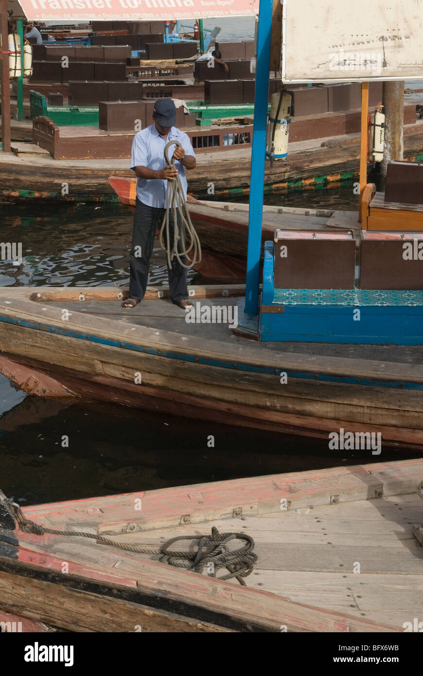 Traditional Abra boats docked on the Dubai Creek, Dubai, United Arab ...