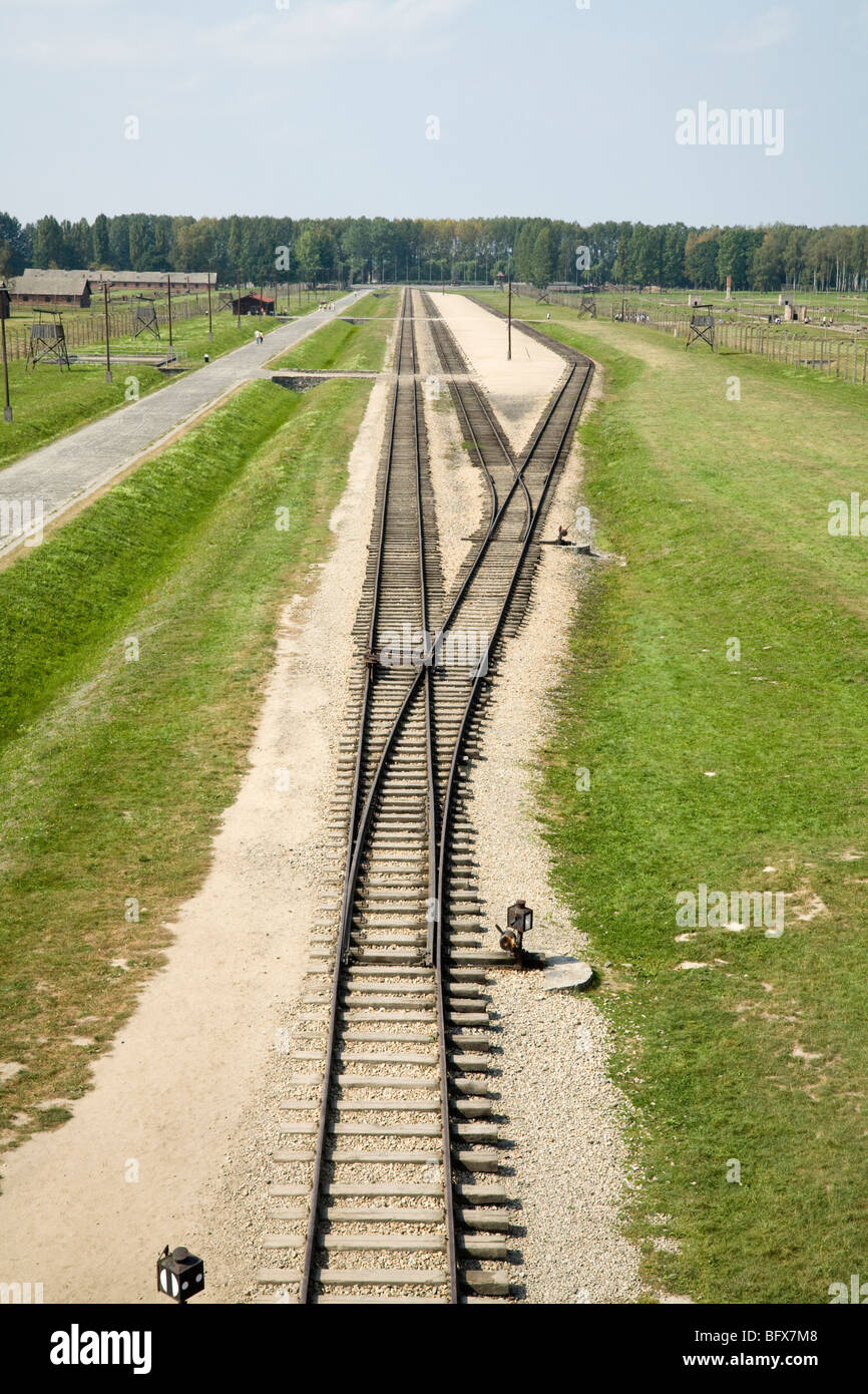 Railway lines leading inside from main entrance gate at Birkenau ...