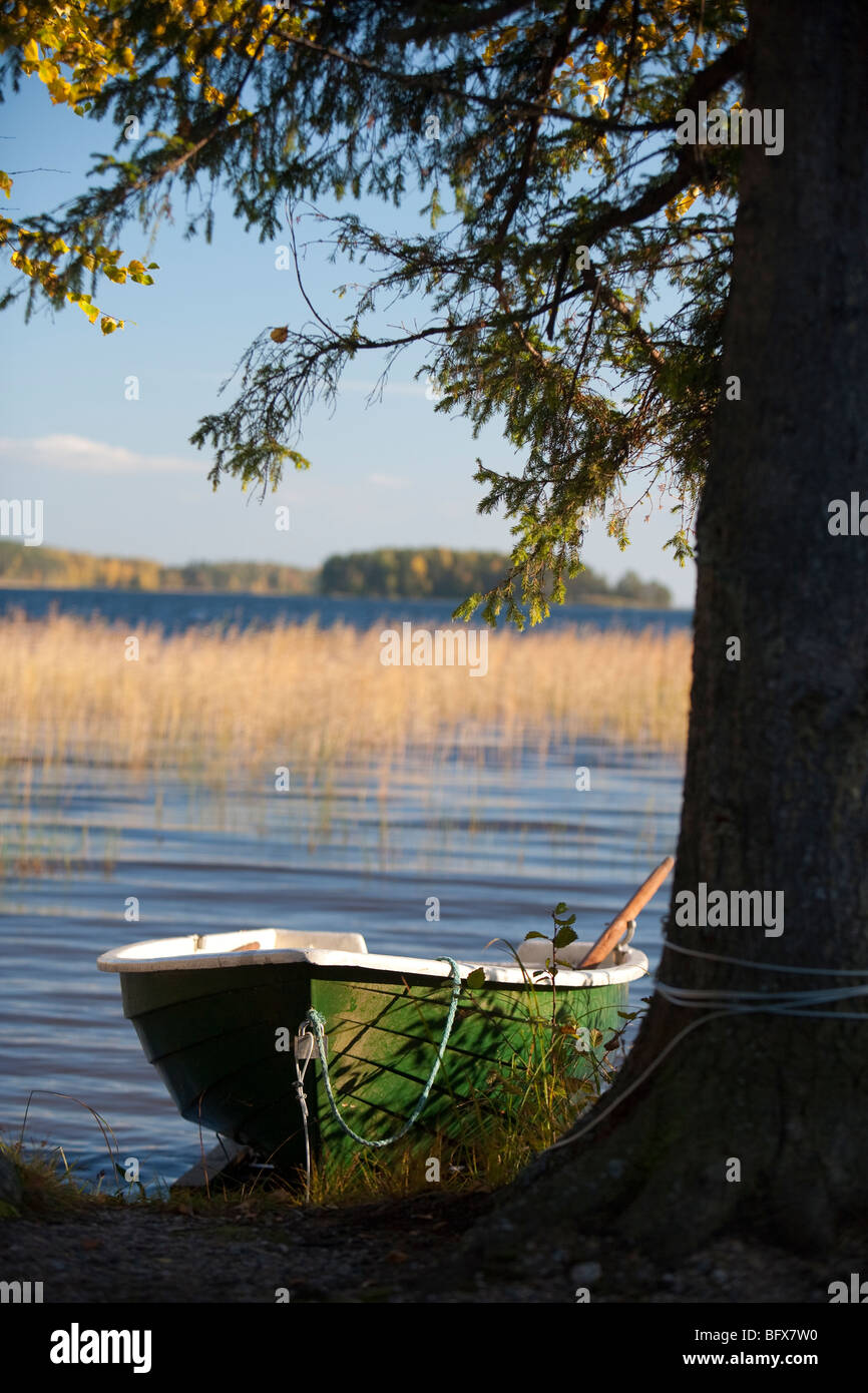 Beached rowboat at lake shore , Finland Stock Photo - Alamy