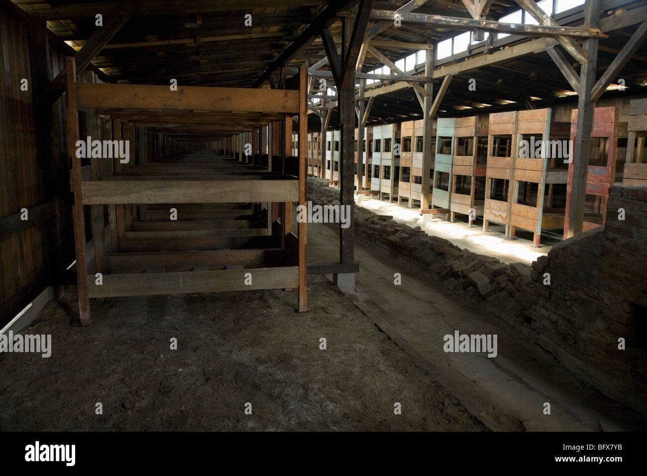 Inside a hut / shed – with bunks for prisoners – of the Birkenau ...