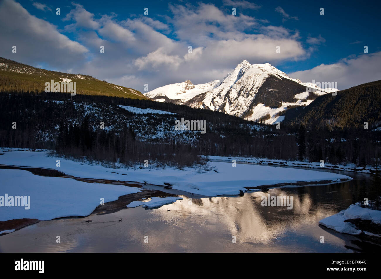 Columbia mountain range reflected in North Thompson River, Milledge ...