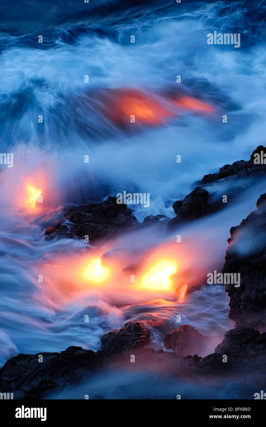 Lava flows and the Poupou ocean entry, Hawaii Volcanoes National Park, Big Island of Hawaii ...