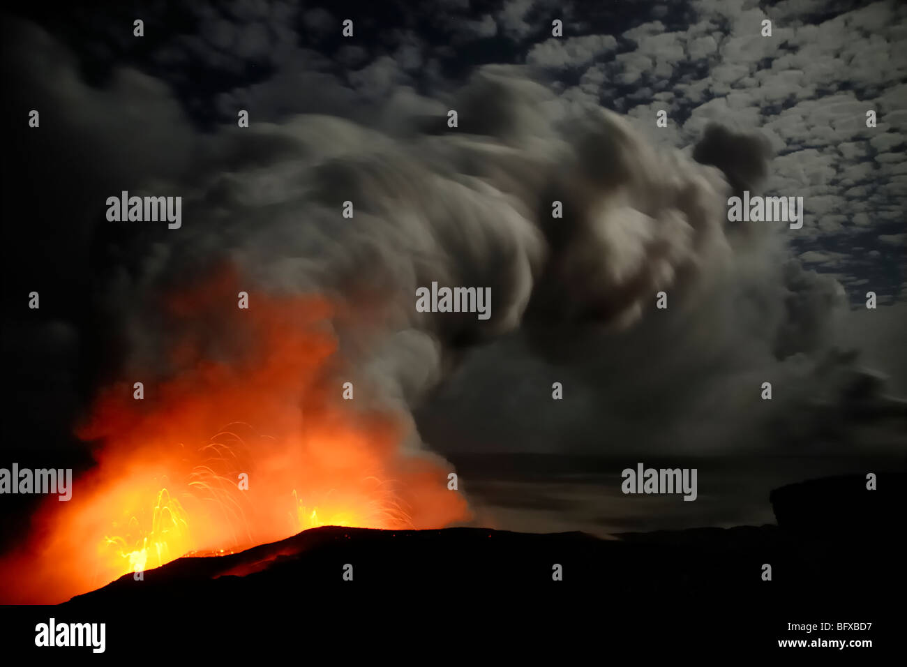 Moon lit ocean entry lava flow area, East of Hawaii Volcanoes National ...