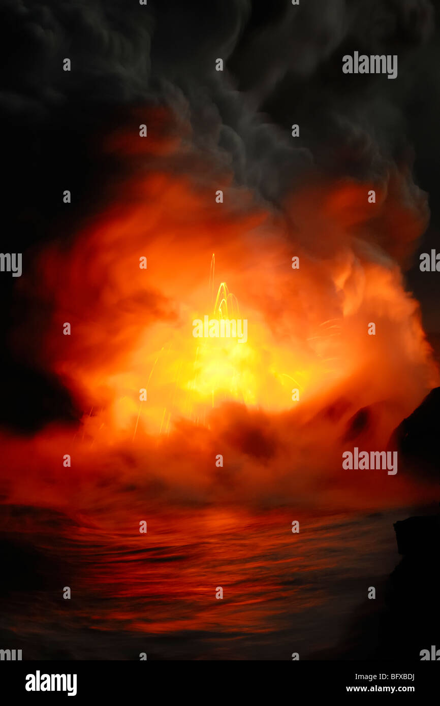 Nearly full moon, Waikupanaha ocean entry, East of Hawaii Volcanoes ...