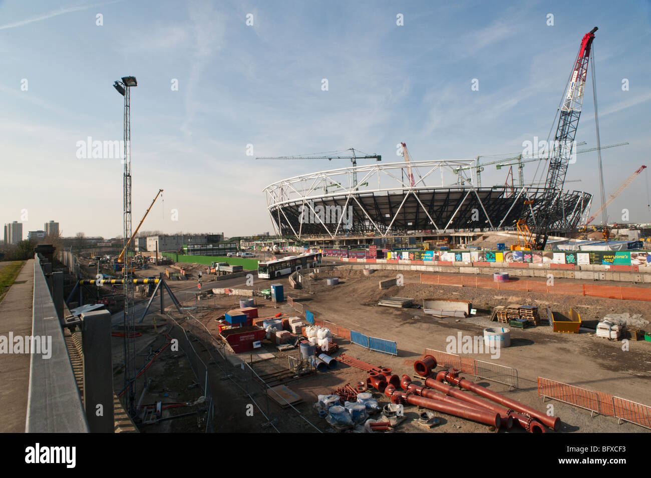 Building work on the London 2012 Olympic site viewed from the Greenway ...