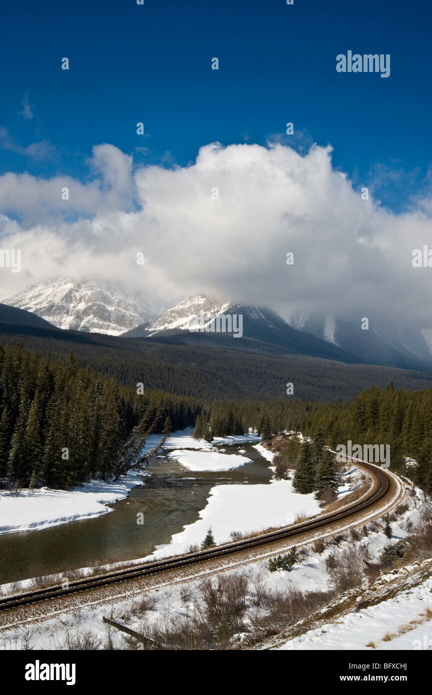 Bow River with via rail line at Morant's curve, Banff National Park ...