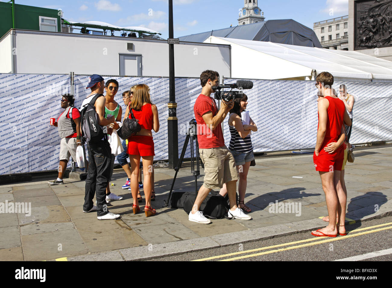 Two people being interviewed and filmed in London for MTV Stock Photo ...