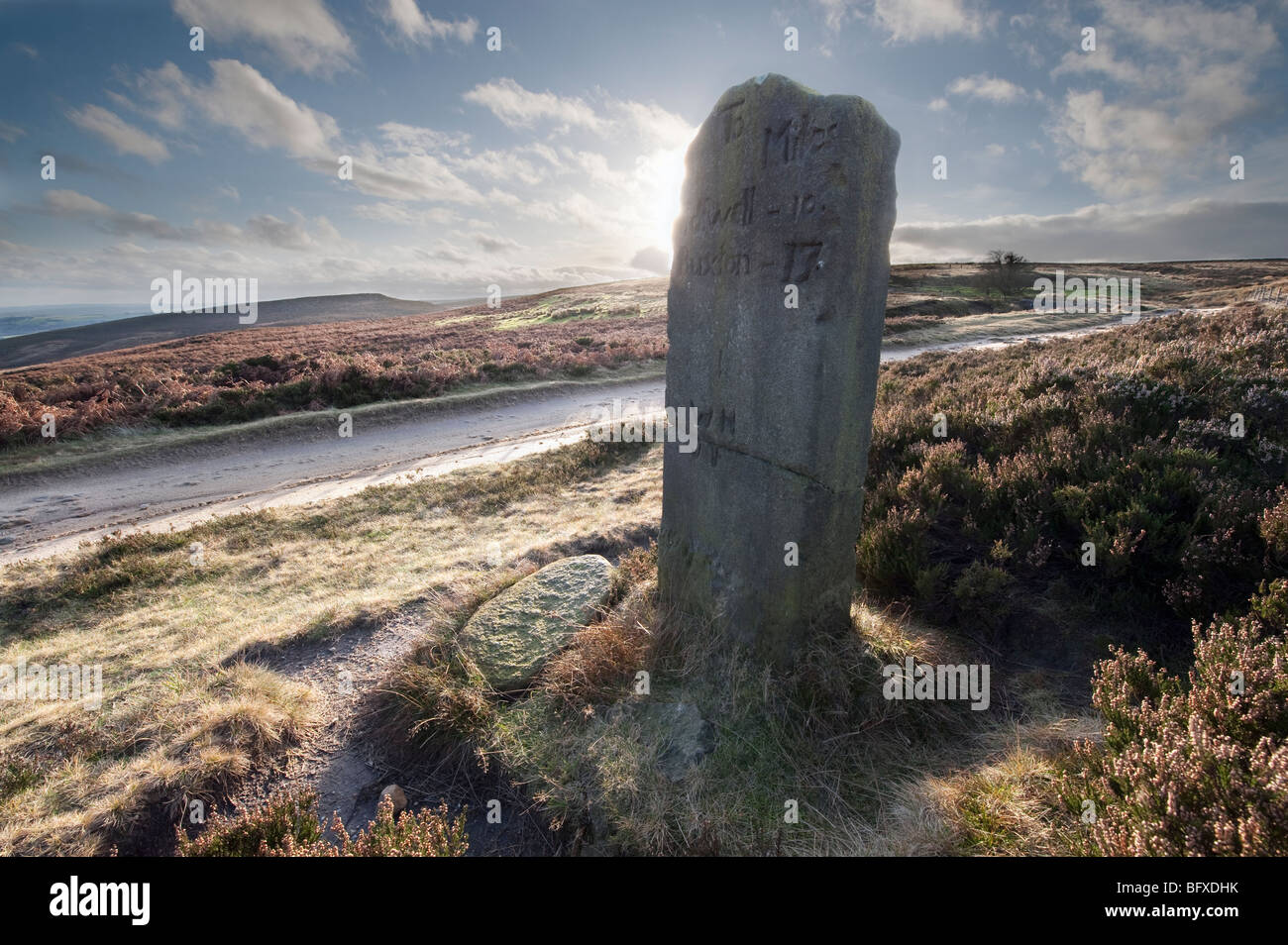 Stone milestone waymarker on moorland at Houndkirk Road in Derbyshire ...