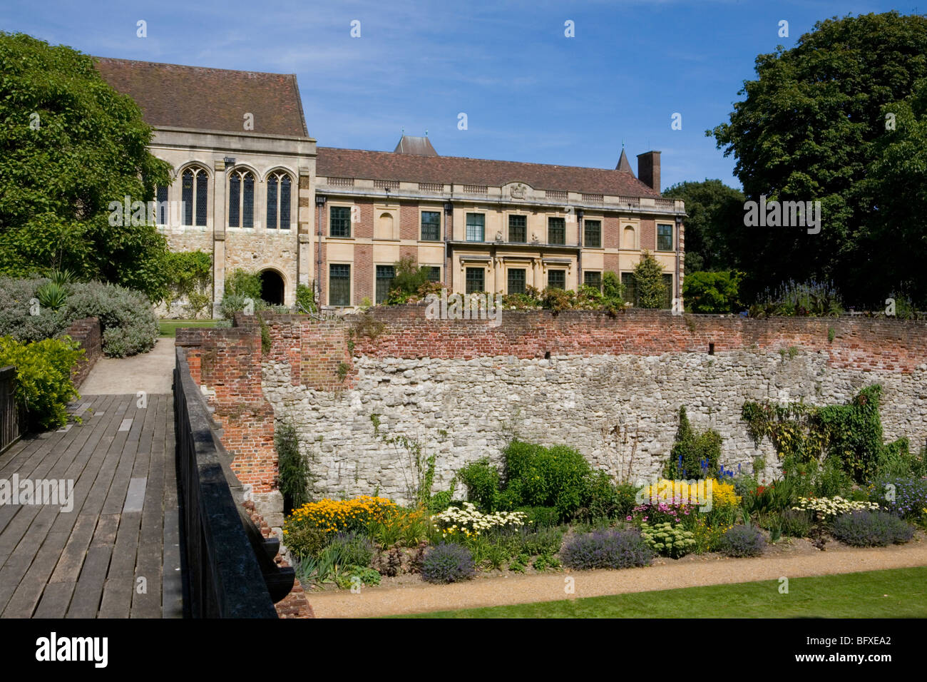 Eltham Palace - The bridge over the dry moat with the house and gardens ...
