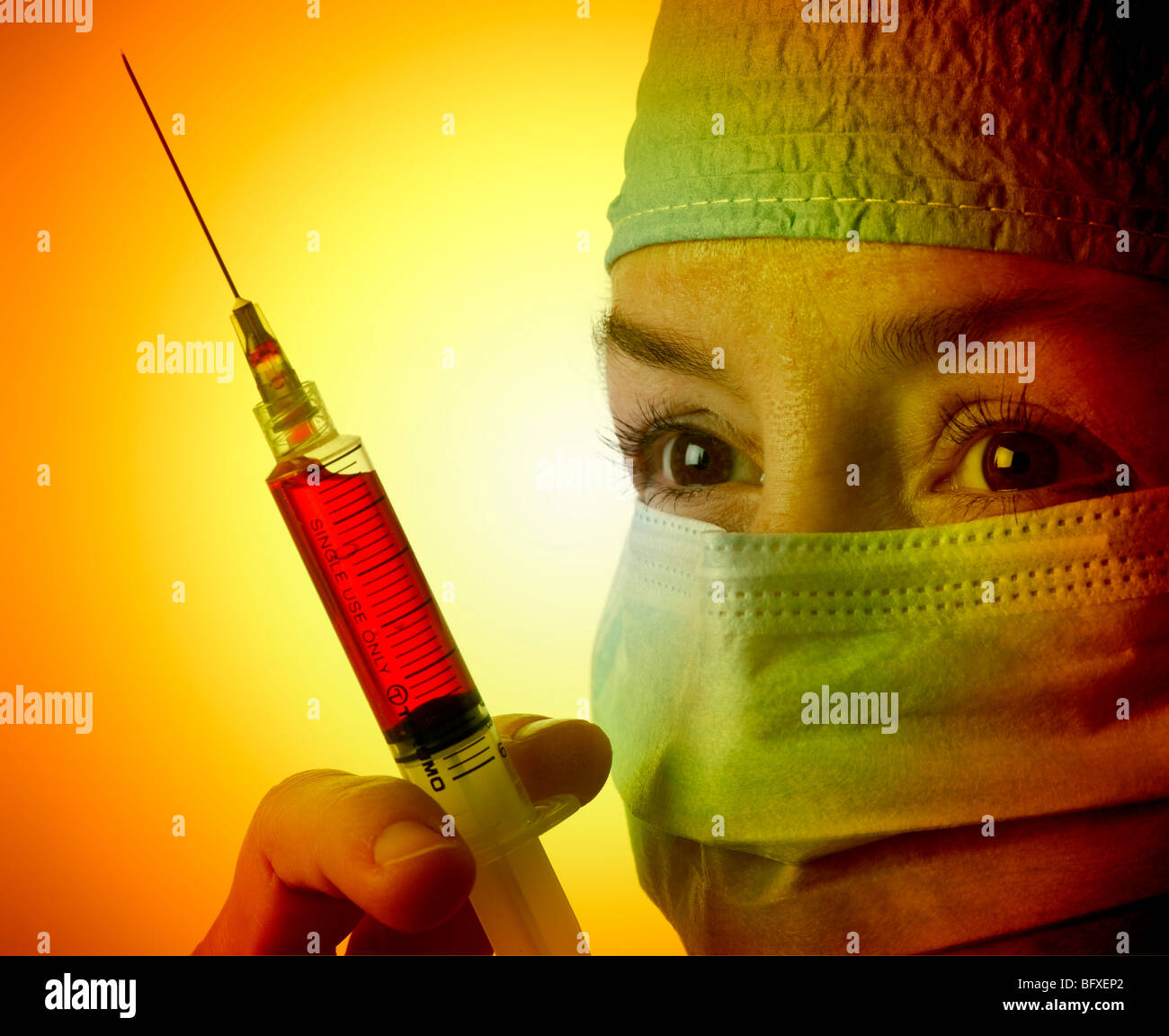 medical technician and hypodermic needle in hospital lab Stock Photo ...