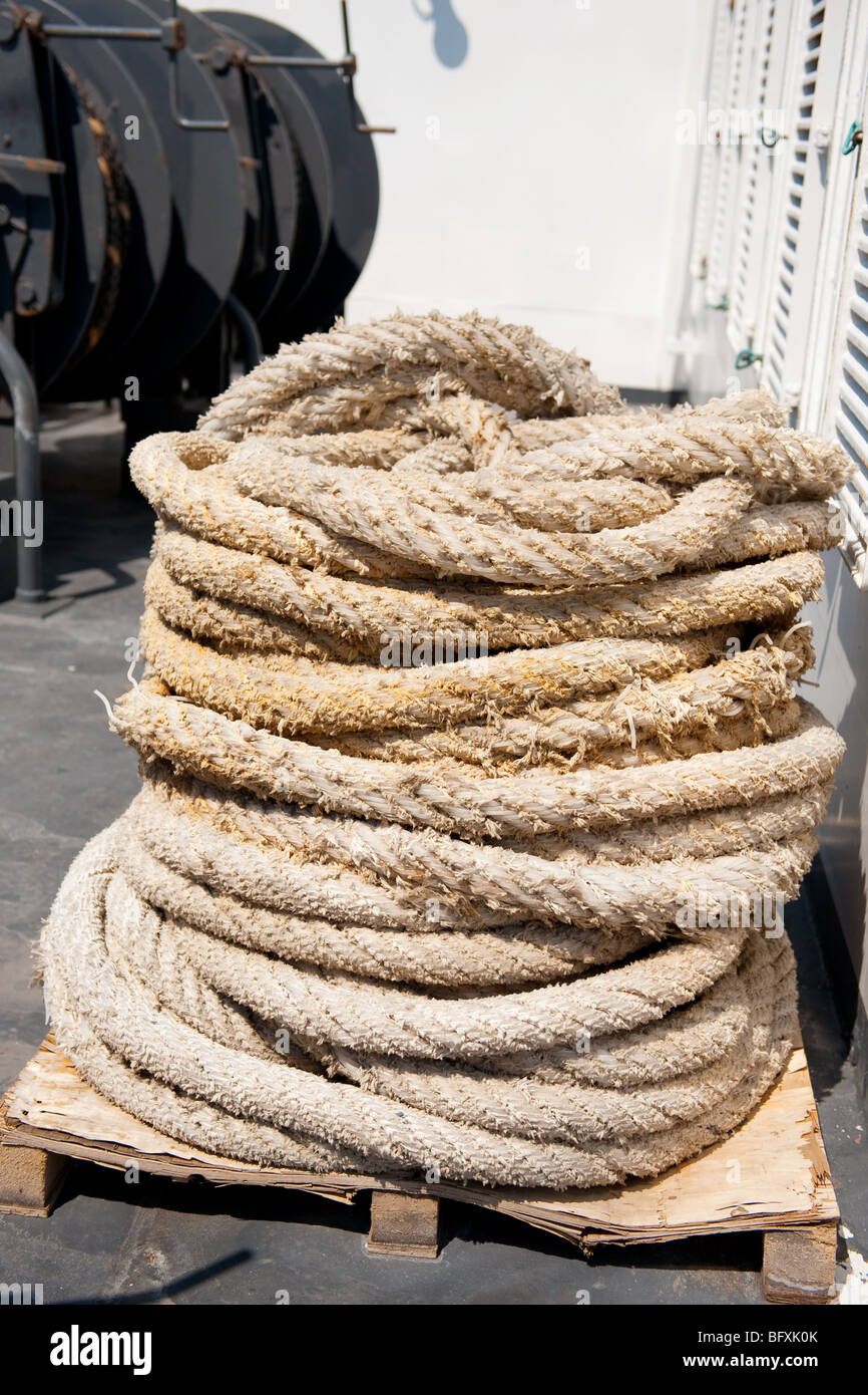 Big rolled rope at the ship on the deck Stock Photo - Alamy