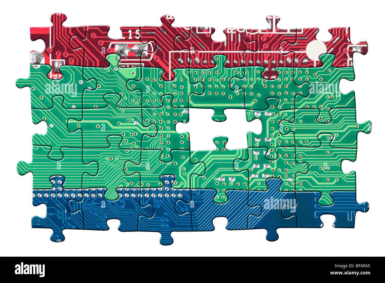 Color electronic circuit board puzzle isolated on white background ...