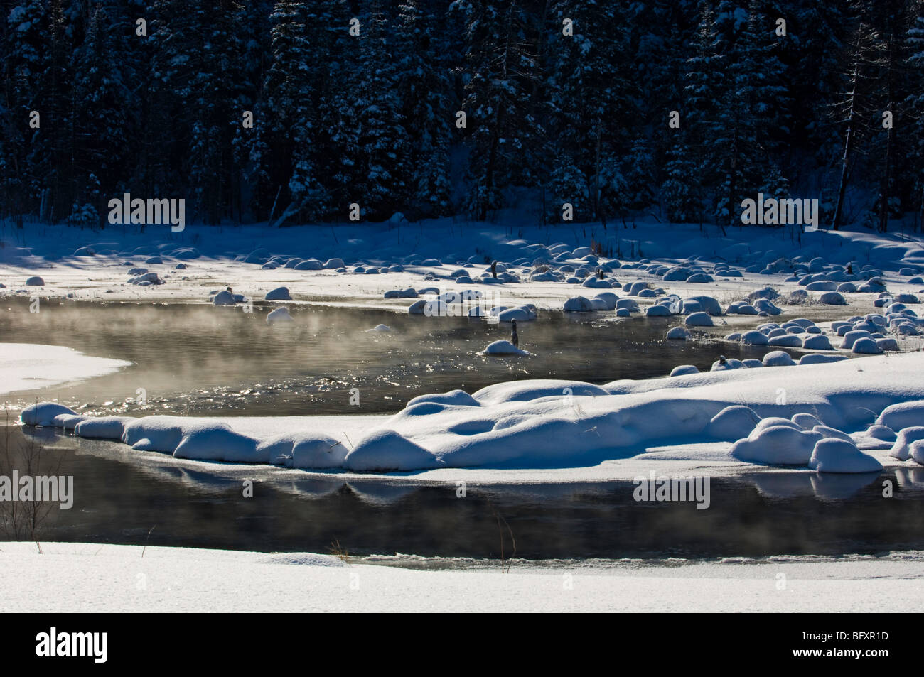 Ice and snow and open water of the Onaping River, Greater Sudbury ...