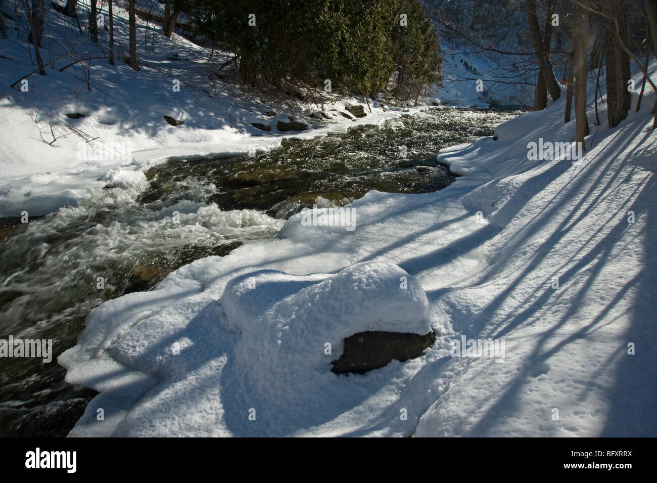 Open water of Kagawong River with shoreline tree shadows, Kagawong ...