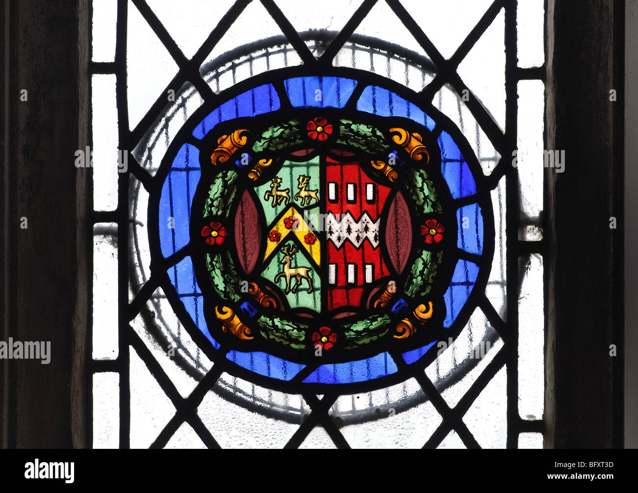 Medieval stained glass roundel in St. Michael`s Church, Begbroke ...