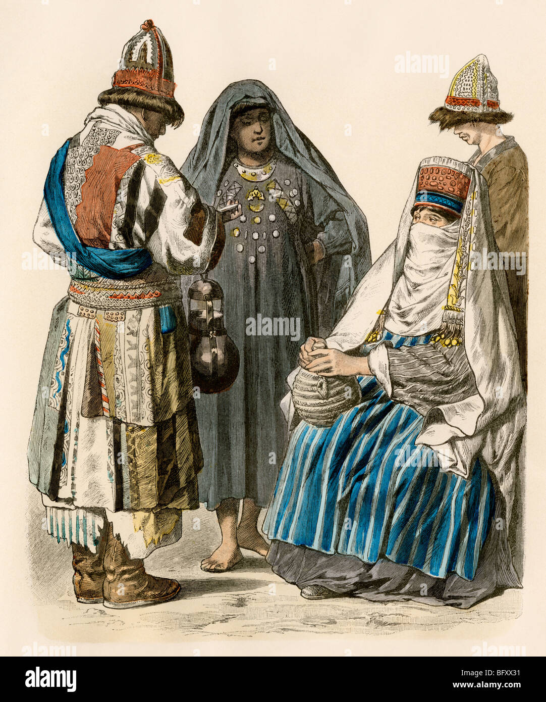 Muslim dervish and Turkish women in their native attire. Hand-colored ...