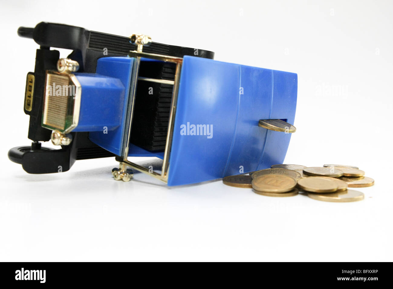 coins and classic car shaped money bank on white background Stock Photo ...