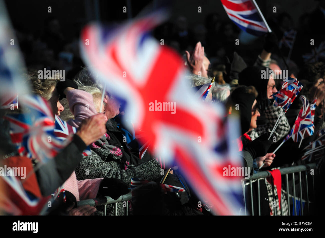Crowd waving british flag hi-res stock photography and images - Alamy