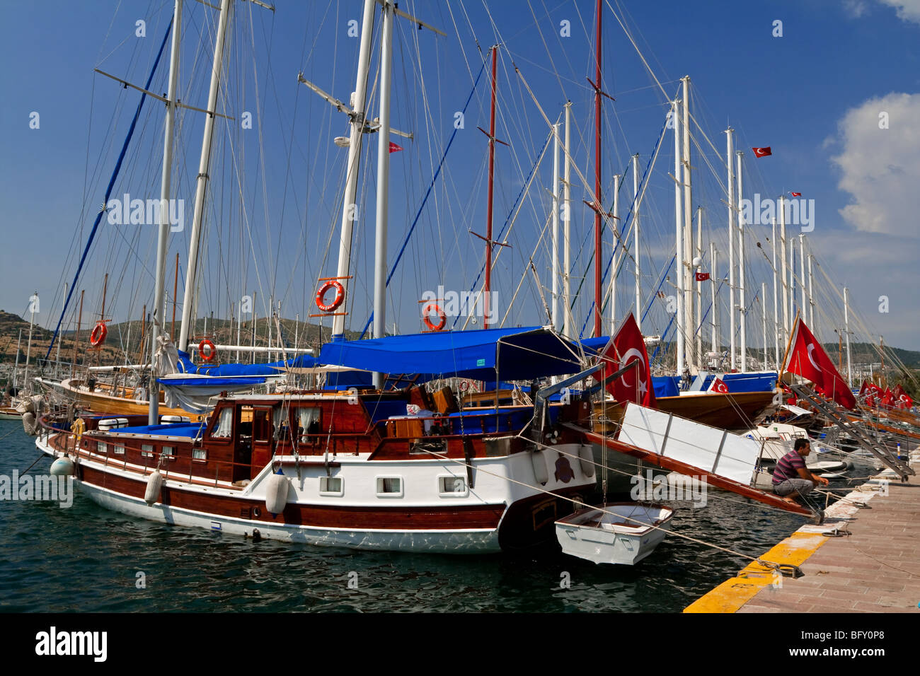 View of colourful sailing boats and yachts in the harbour at Bodrum in ...