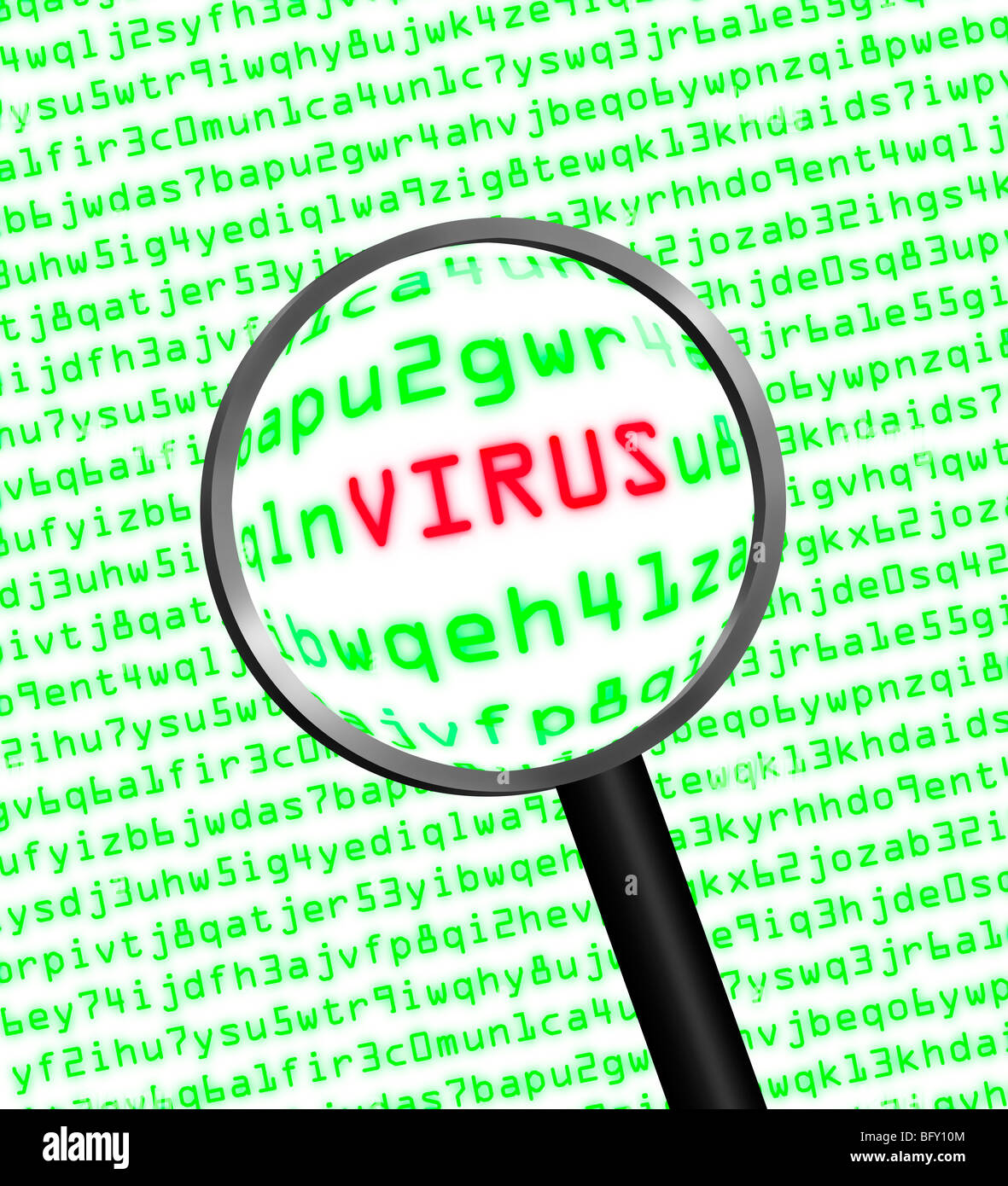 Magnifying glass locating a virus in computer machine code Stock Photo ...
