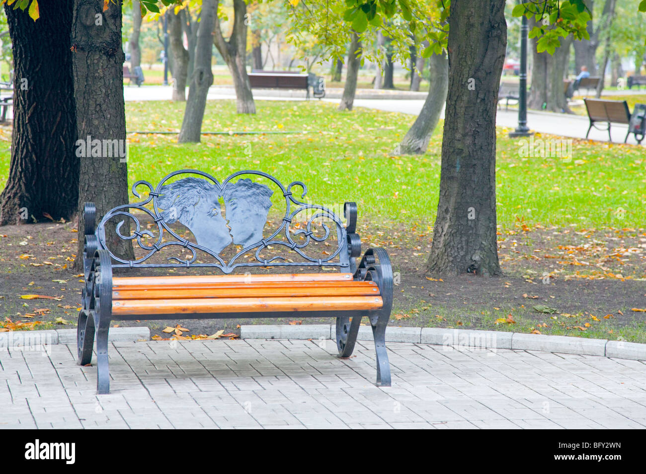 original forged bench in public "Park of forged figures" in center of ...