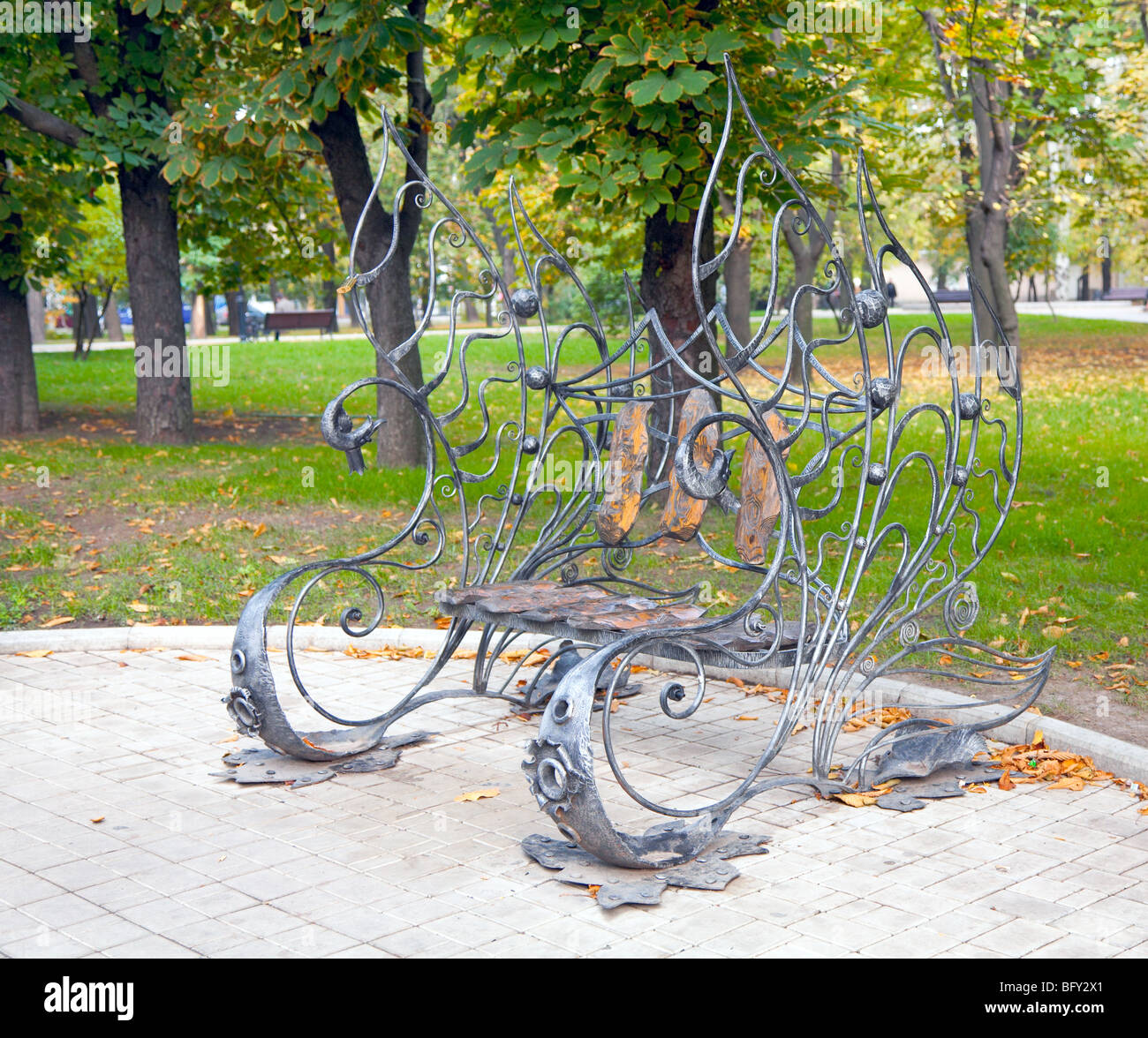 original forged bench in public "Park of forged figures" in center of ...
