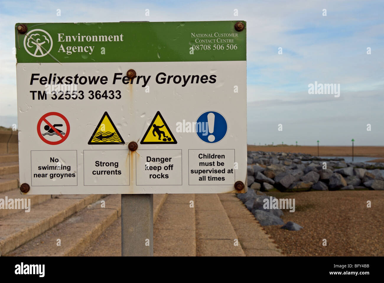 Environment Agency information sign about coastal groynes Stock Photo ...