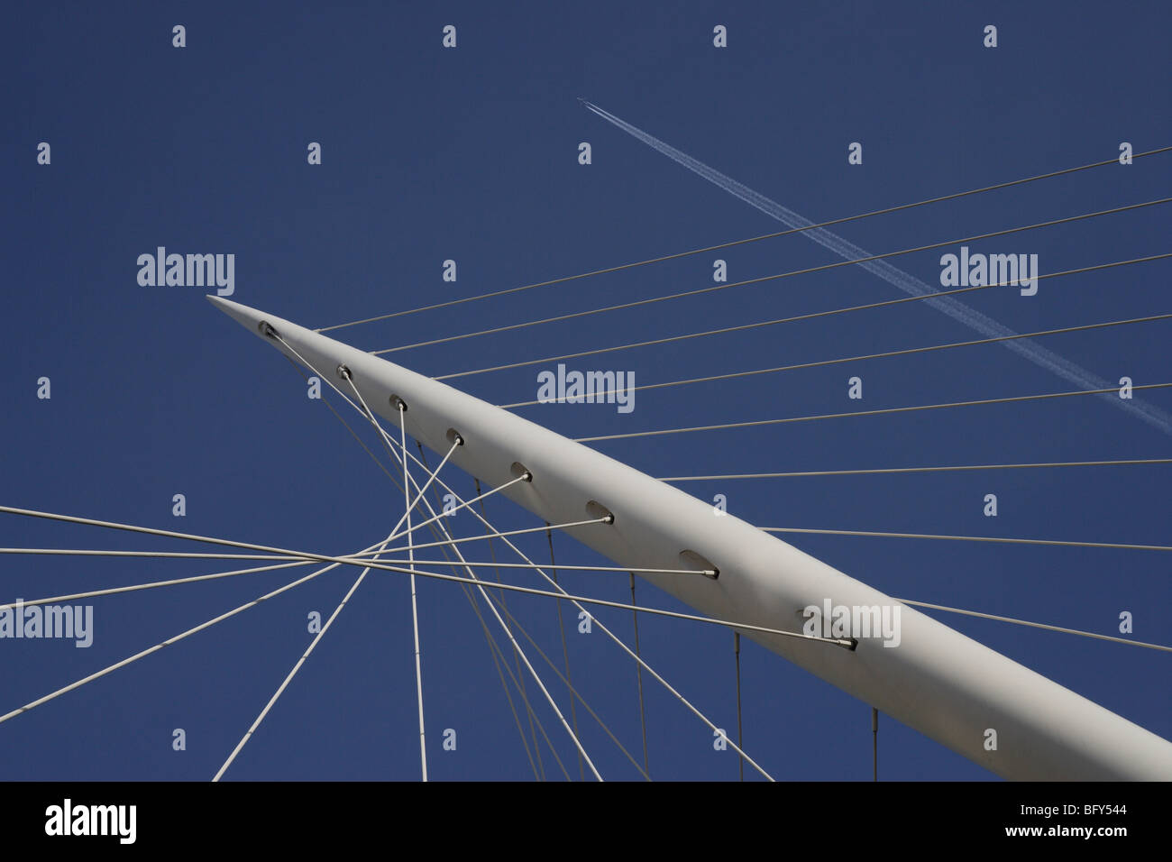 Trinity bridge detail with airoplane in Manchester UK Stock Photo - Alamy