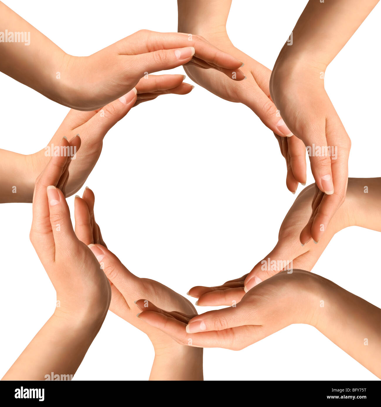 Conceptual symbol of human hands making a circle on white background ...