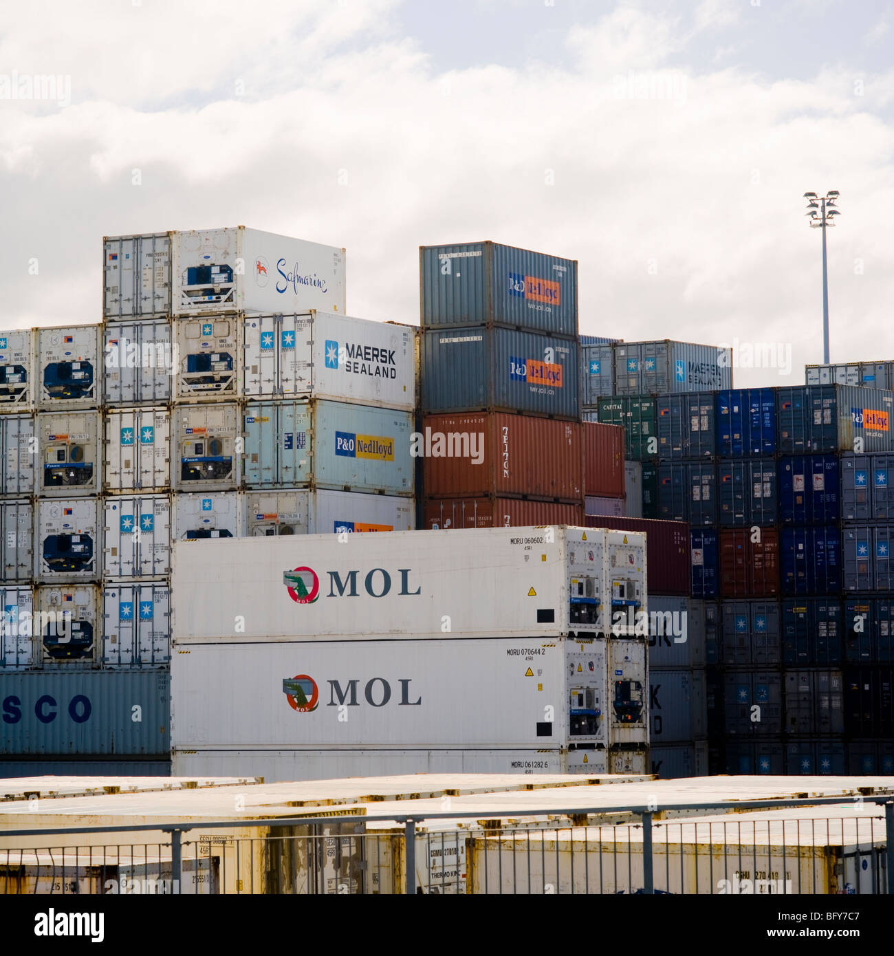 Pile of stacked shipping containers, Auckland, New Zealand Stock Photo ...