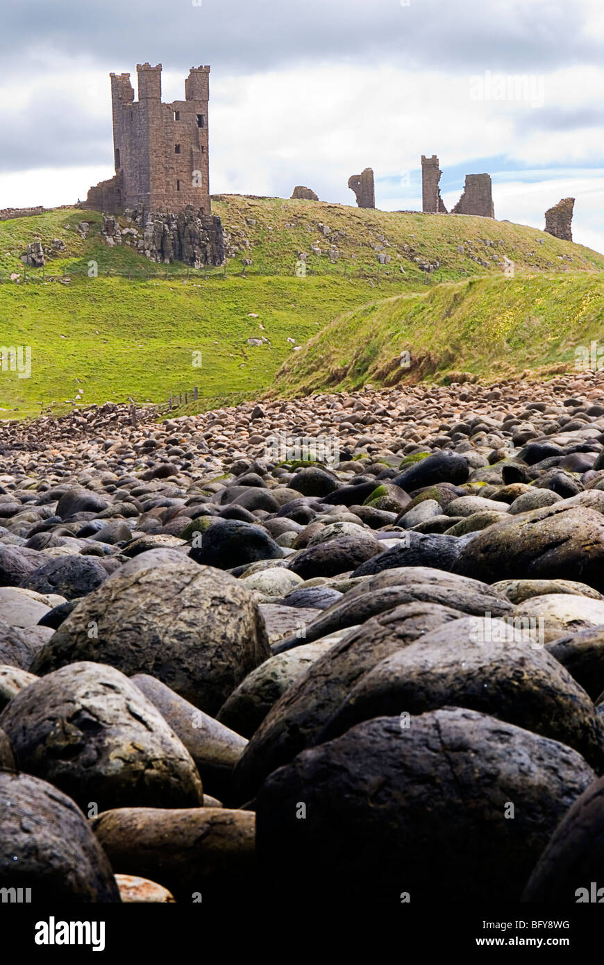 Dunstanburgh Castle seen from rocky beach Stock Photo - Alamy