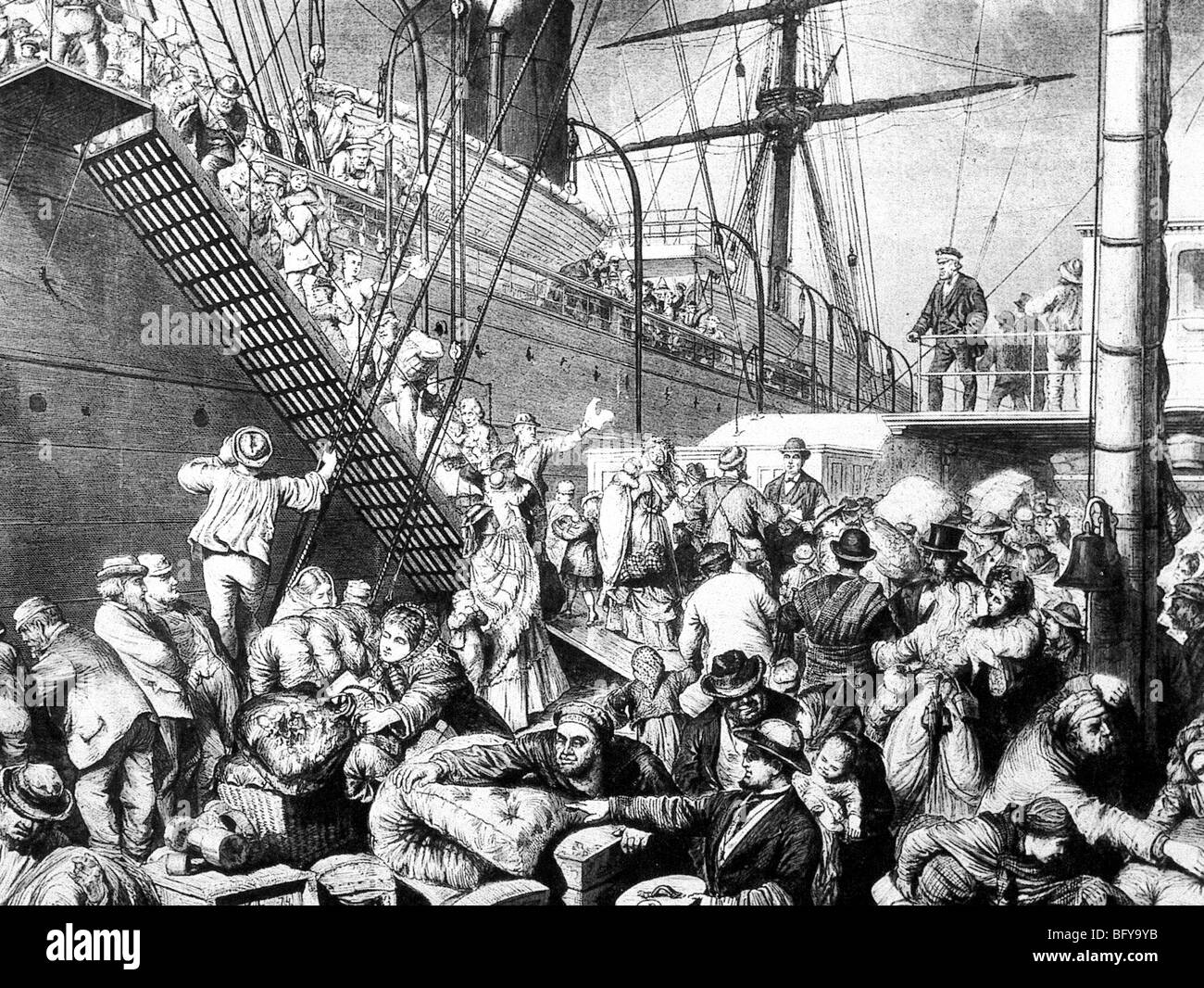 EMIGRANTS TO AMERICA board ship in Hamburg in this 1878 magazine ...
